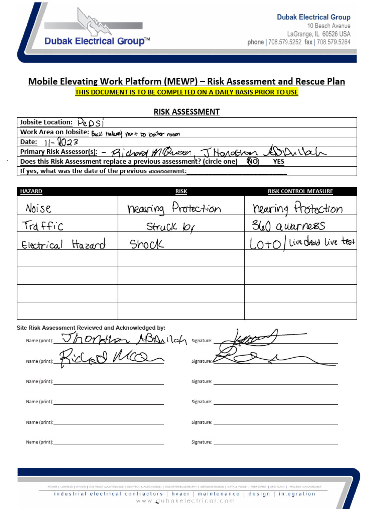 Mewp Risk Assessment and Rescue Plan 11 20 23 PDF | PDF