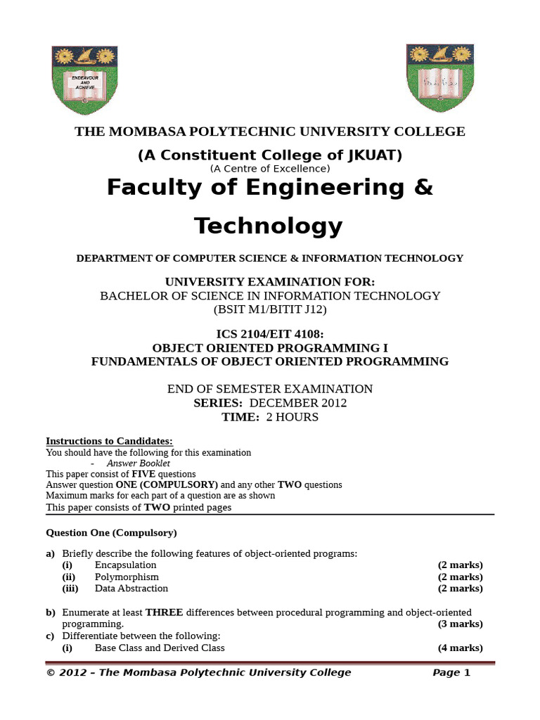Ics 2104 Eit 4108 Object Oriented Programming Fundamentals of Object ... Ics 2104 Eit 4108 Object Oriented Programming Fundamentals of Object ...