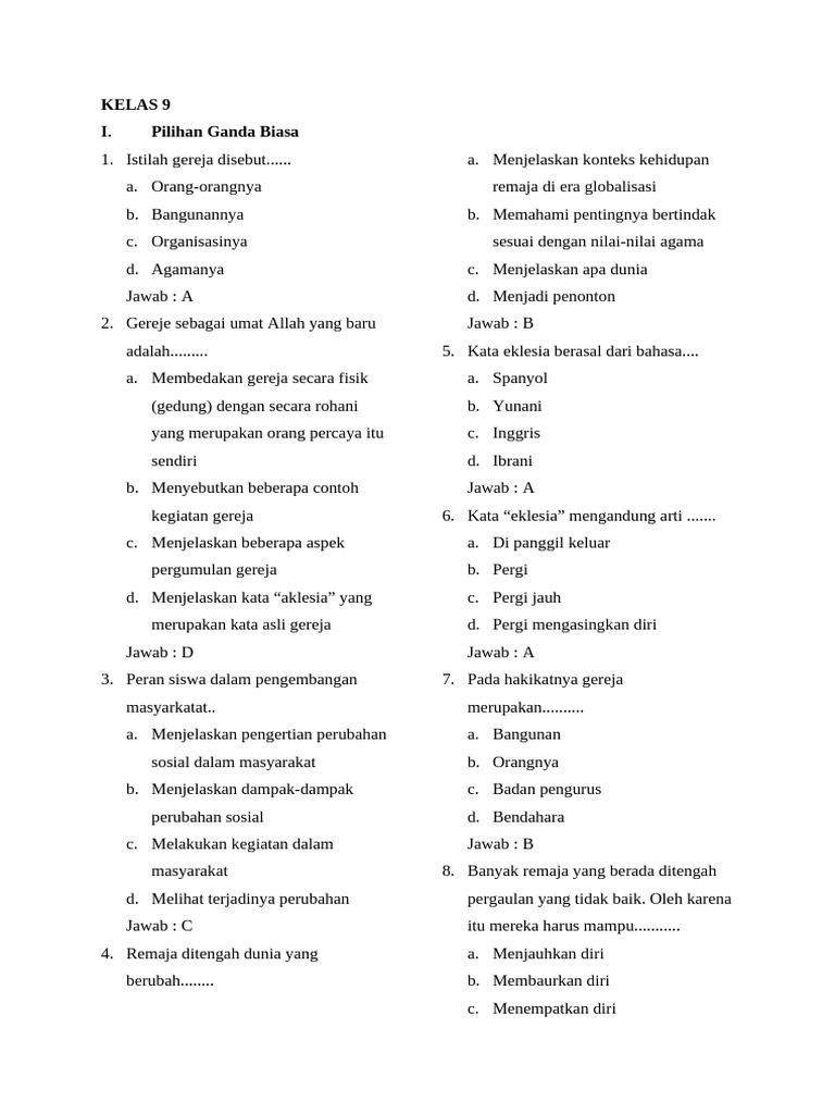 Soal Pilihan Ganda Kelas 9 Tentang Gereja Dan Tanggung Jawab Pdf