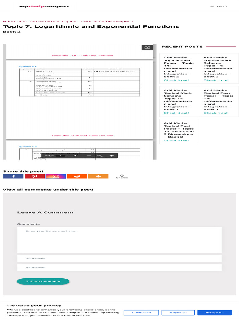 Add Maths Topical Mark Scheme - Topic 7 Logarithmic and Exponential Functions - Book 2 - My ...