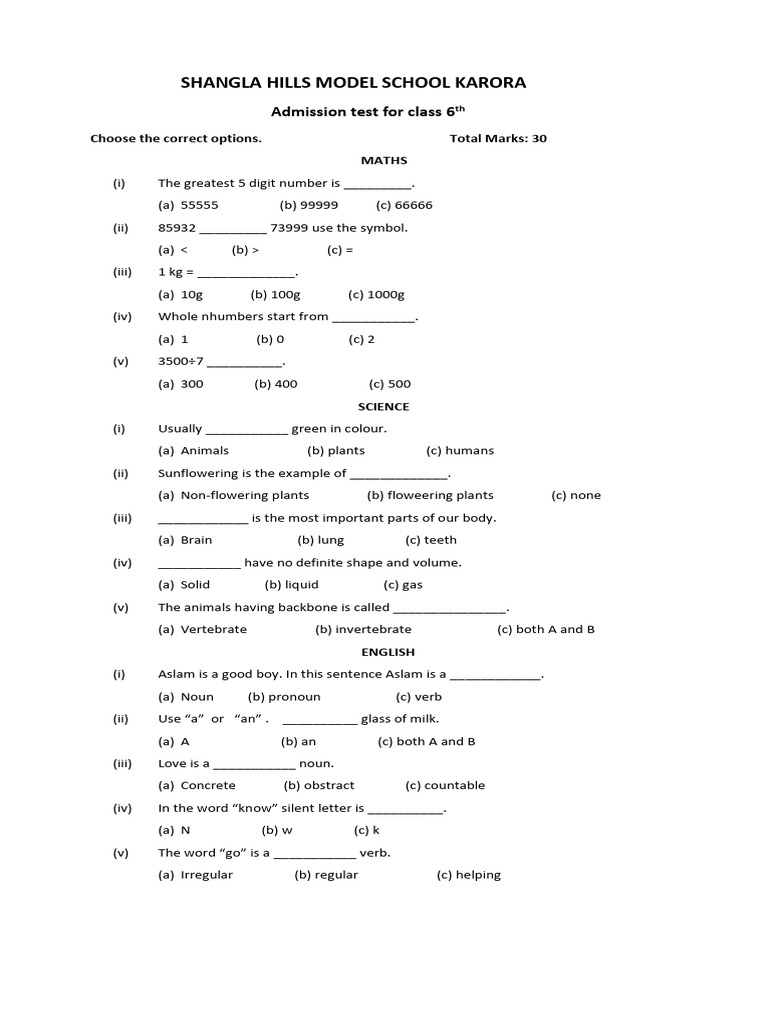 Admission Test For Calss 6th | PDF