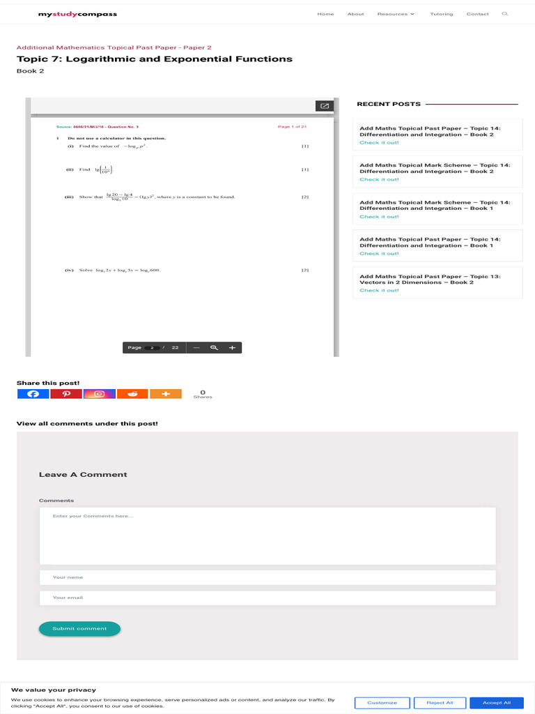 Add Maths Topical Past Paper - Topic 7 Logarithmic and Exponential ...