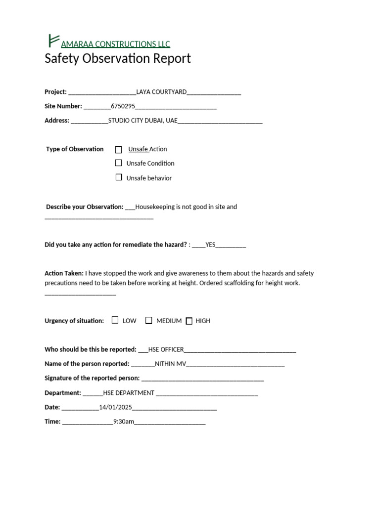 Safety Observation Report 14012025 | PDF