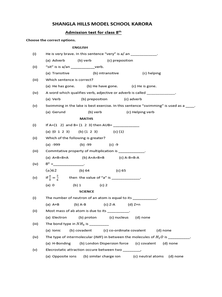 Class 8 Admission Test Sample Paper | PDF