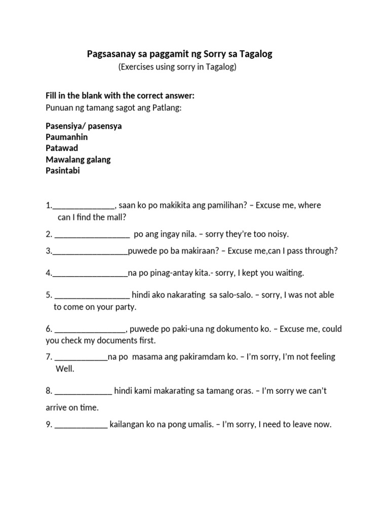 Exercises Using Sorry Tagalog | PDF