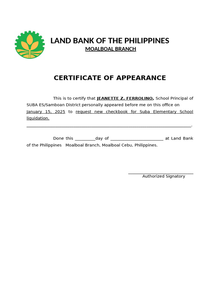 Landbank Certificate of Appearance | PDF