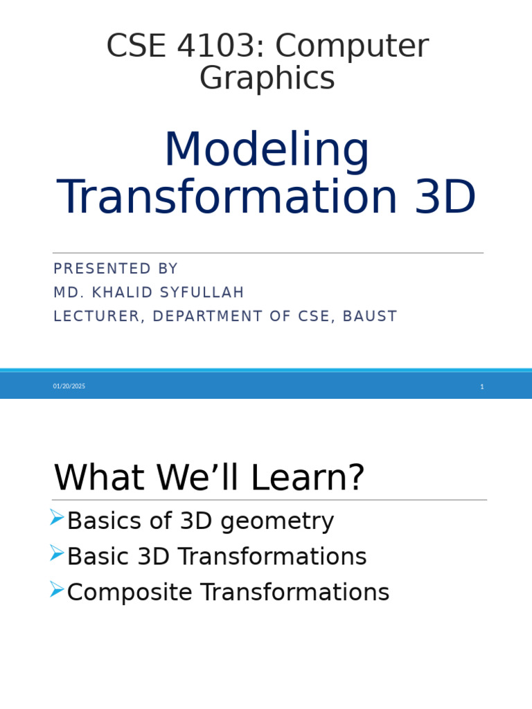 L16, L17, L18 - Modeling Transformations 3D | PDF | Rotation | Euclidean Vector