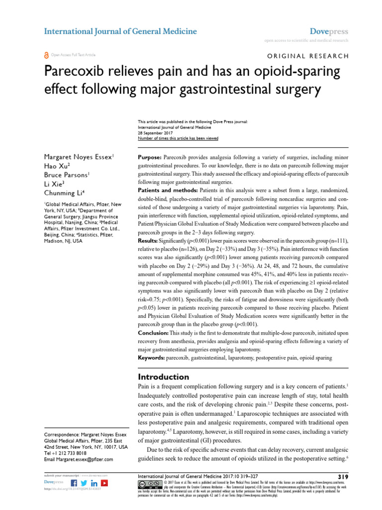 Study 1 Parecoxib Relieves Pain and Has An Opioid Sparing Effect ...