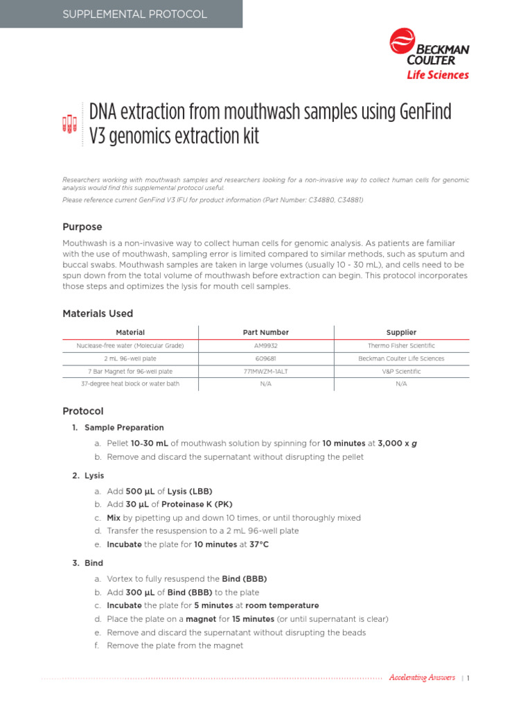 Genomics Protocol Supplemental Genfind v3 Mouthwash | PDF | Laboratory Techniques | Health Sciences