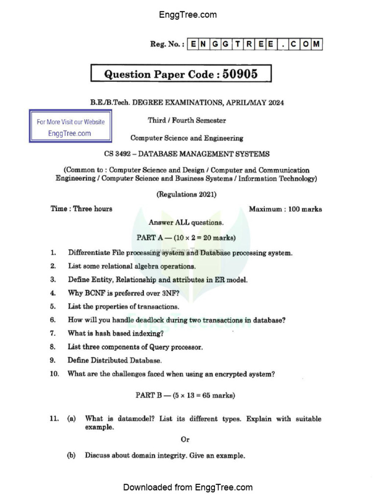 Cs3492 Database Management Systems Apr May 2024 Question Paper Download