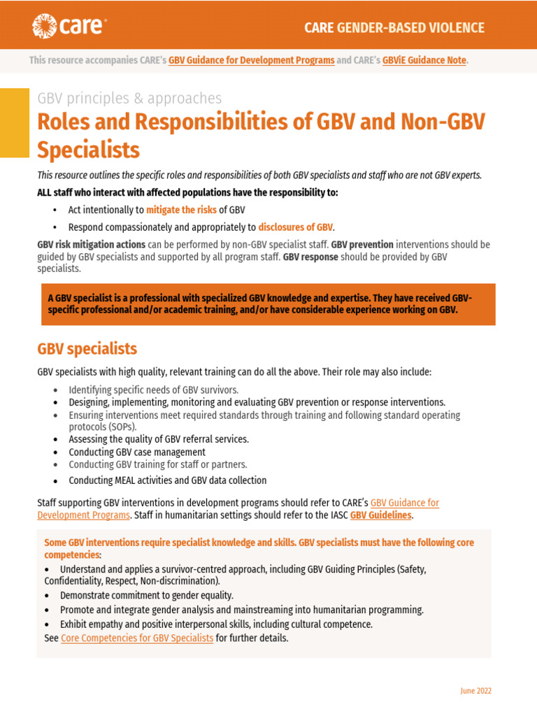 GBV Roles: Specialists vs Non-Specialists | PDF | Violence Against ...