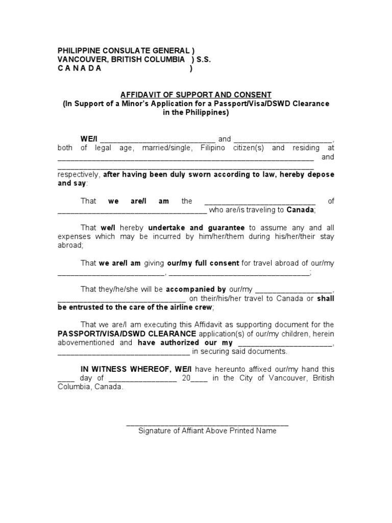 Affidavit of Support and Consent Passport, Visa, DSWD) | PDF ...