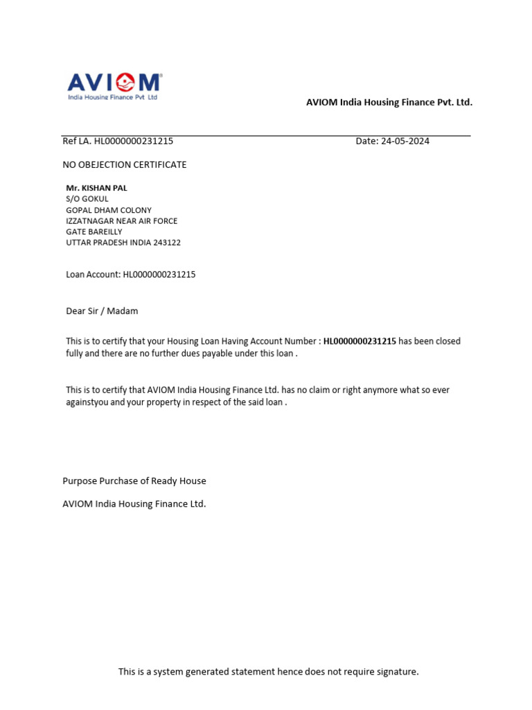 Aviom Loan No Objection Certificate | PDF