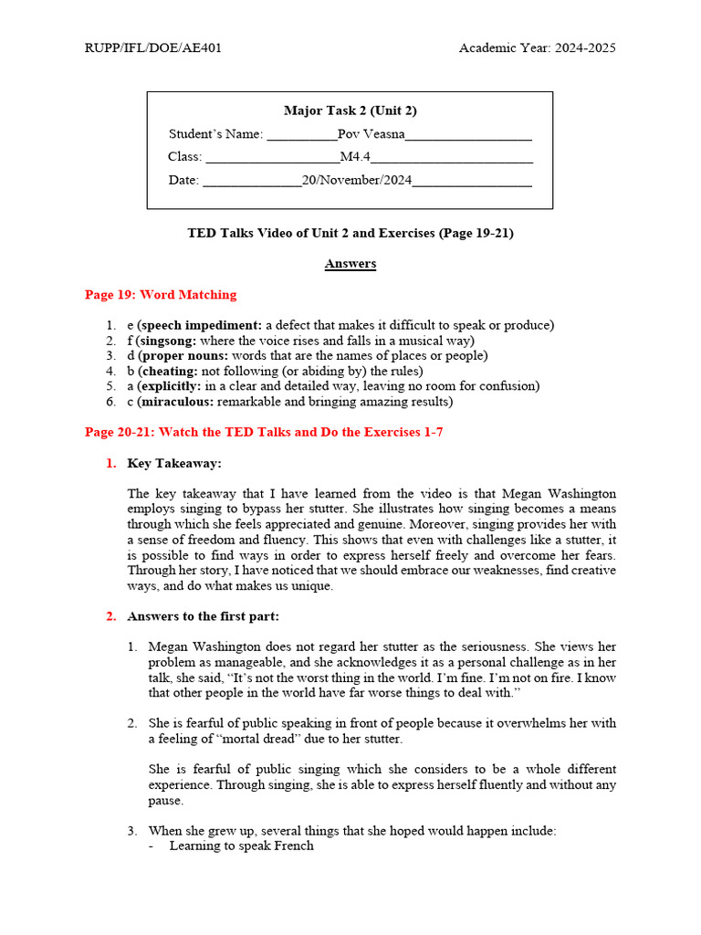 Pov Veansa-Unit2-Exercises On Page 19-21 (Major Task 2) | PDF | Stuttering | Human Communication