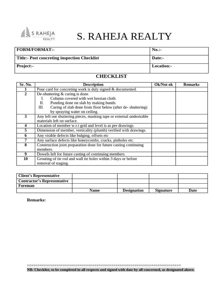 Checklist - Post Concreting Inspection | PDF