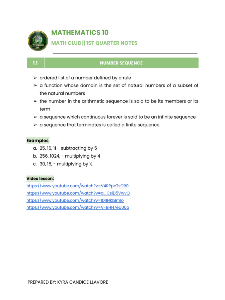 Grade 10 Math Reviewer | PDF | Sequence | Numbers