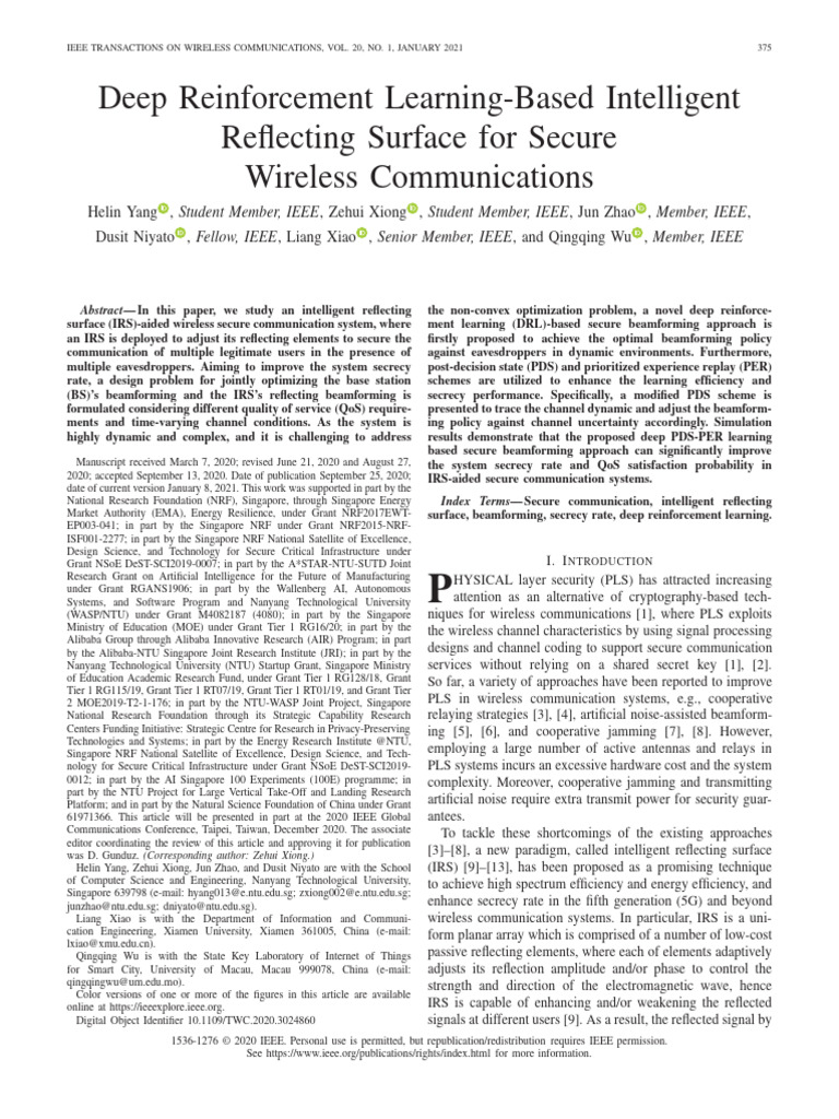 Deep Reinforcement Learning-Based Intelligent Reflecting Surface For Secure Wireless ...