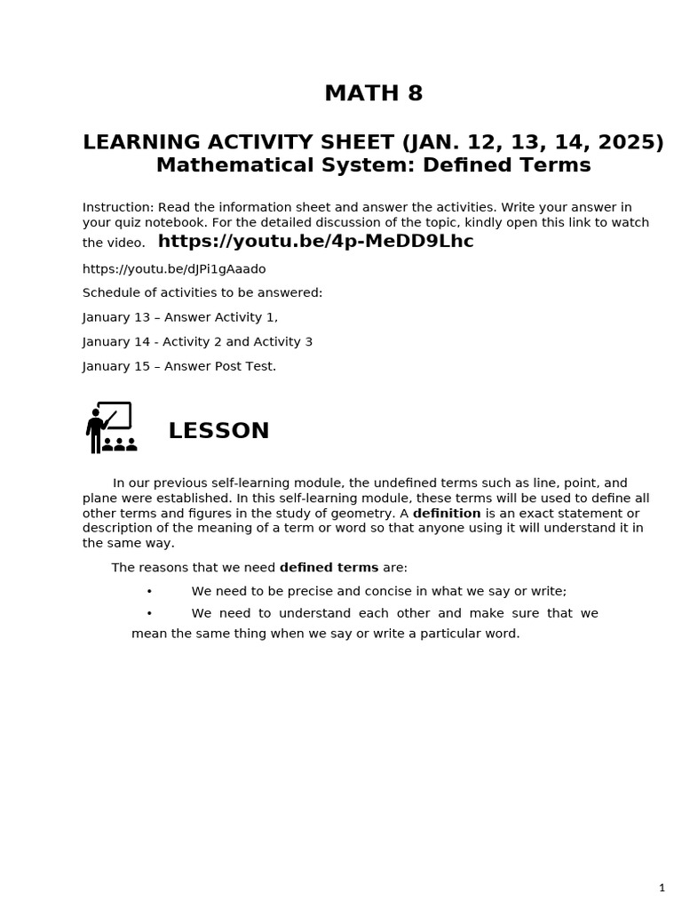 Math 8 Learning Activity Sheet Jan 13 172025 | PDF | Line (Geometry) | Perpendicular