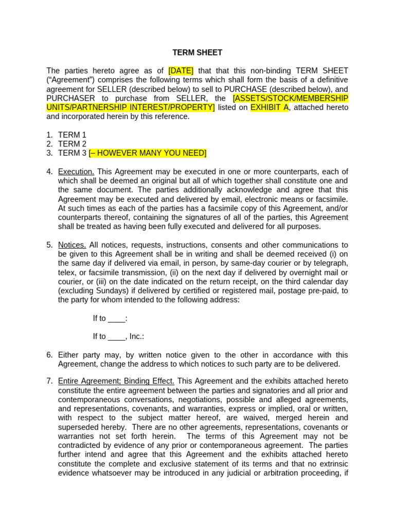Non-Binding Term Sheet Agreement | PDF | Legal Liability | Mail