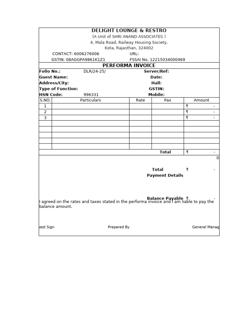 Performa Invoice for Delight Lounge | PDF