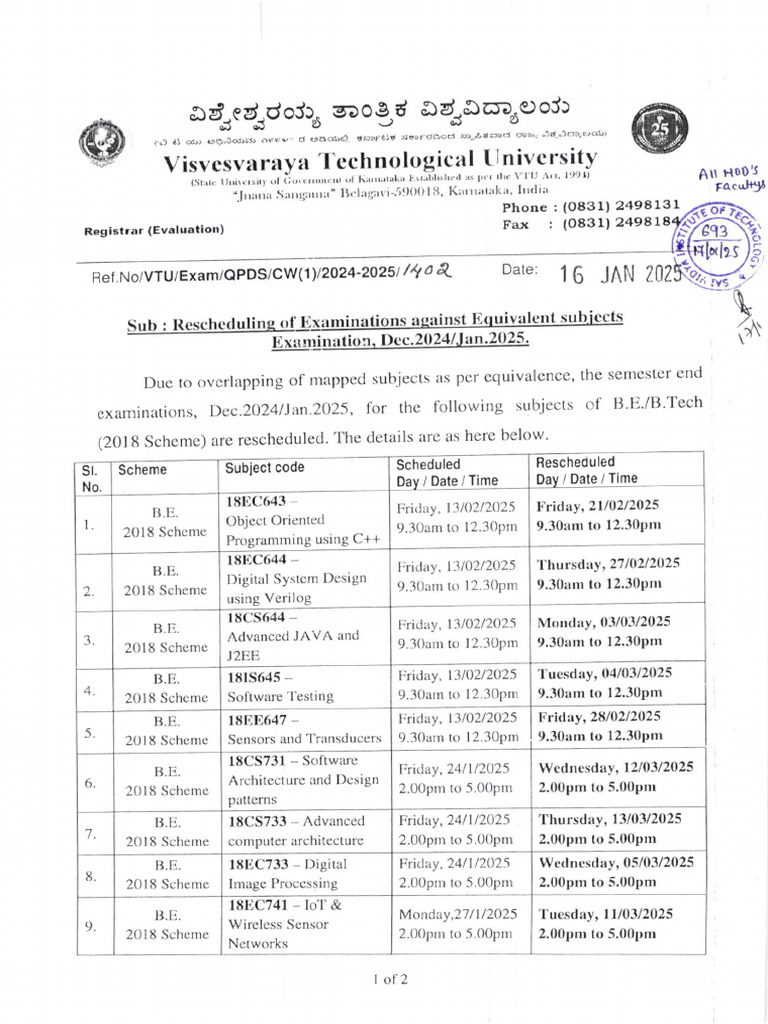 VTU Circular DTD 16-1-2025 - Rescheduling of Exam Against Equivalent ...