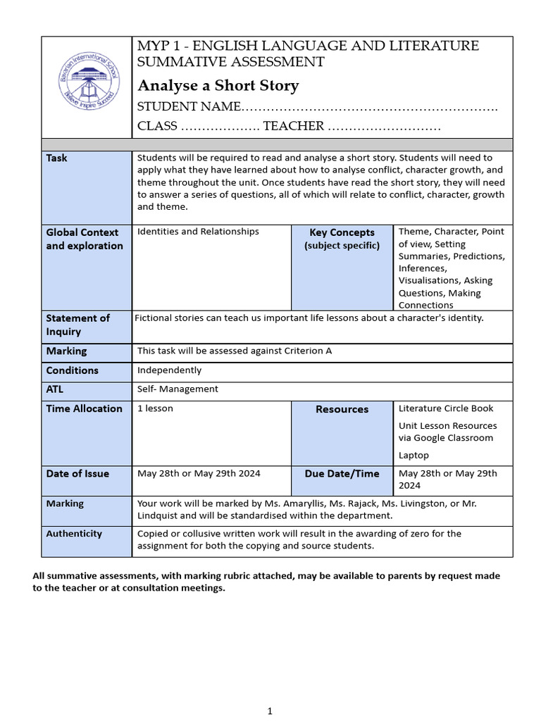 Short Story Analysis Assessment Guide | PDF | Cognitive Science | Learning