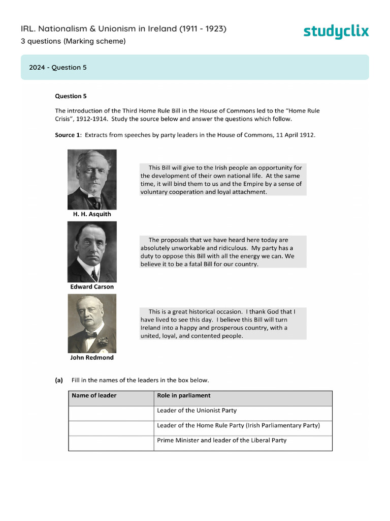 IRL. Nationalism & Unionism in Ireland (1911 - 1923) Questions W | PDF