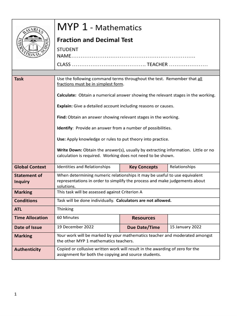 MYP 1 Mathematics: Fraction Test Guide | PDF