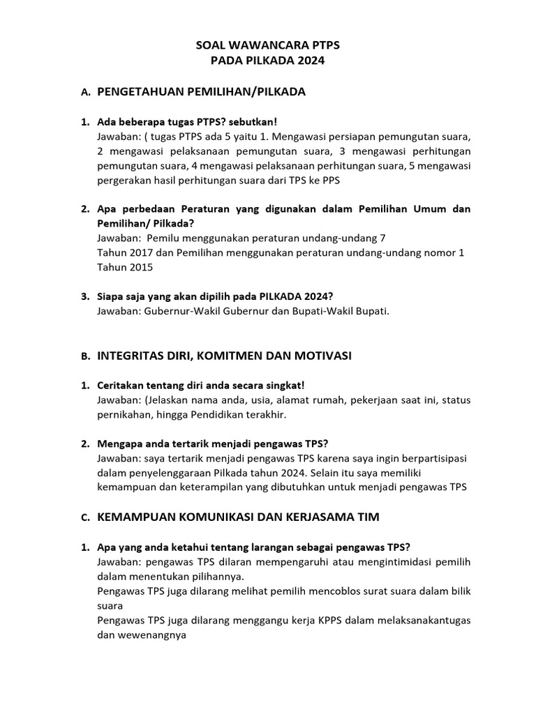 Soal Wawancara PTPS Pilkada 2024 | PDF
