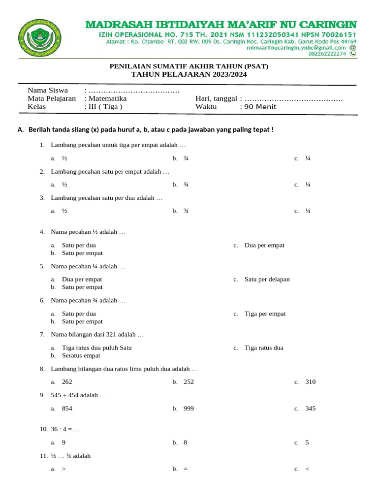soal mtk kls 3 | PDF
