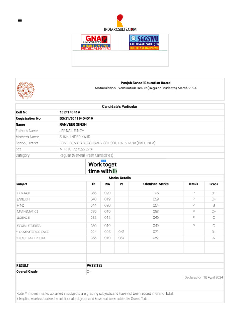 Matriculation Examination Result (Regular Students) March 2024_ Punjab School Education Board | PDF