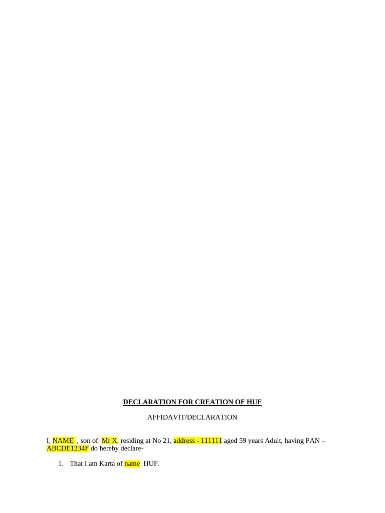 HUF Creation DEED | PDF