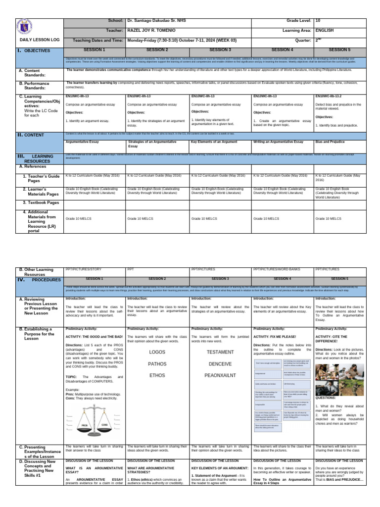 Grade 10 English Daily Lesson Plan | PDF | Essays | Argument