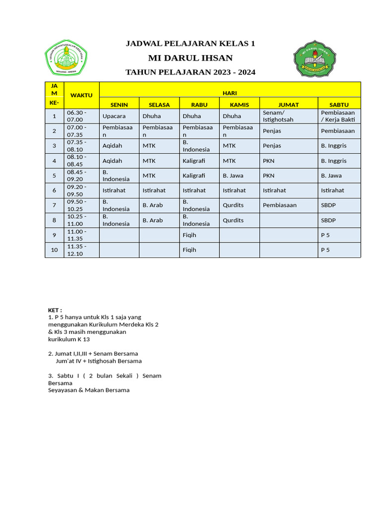 Jadwal Pelajaran Kelas 1 Pdf