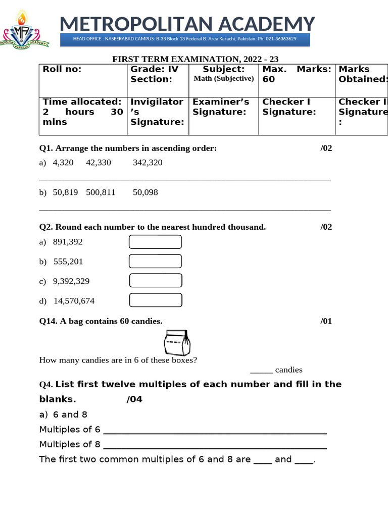 Grade IV Math Exam Paper 2022-23 | PDF