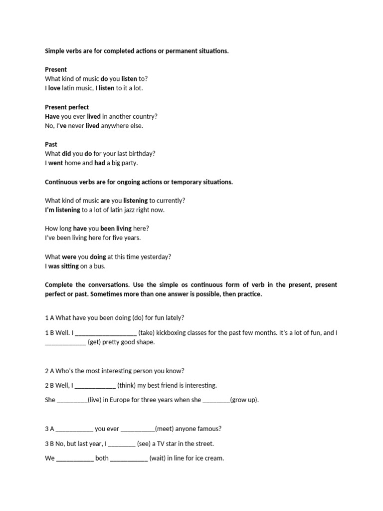 Grammar - Simple verbs are for completed actions or permanent ...