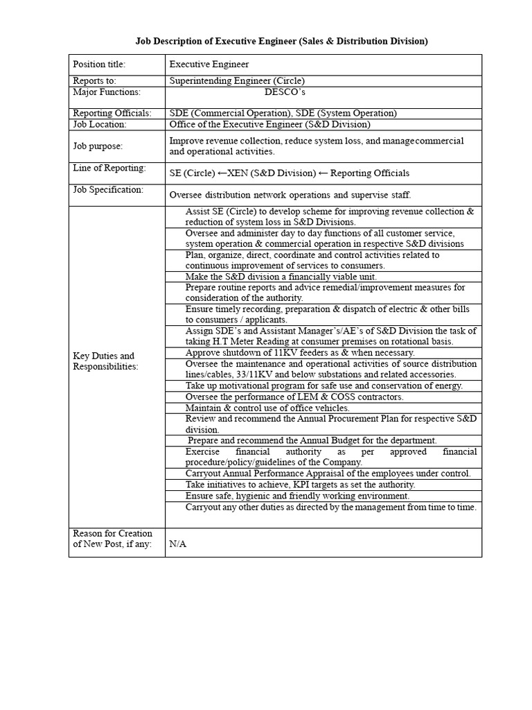 Executive Engineer Job Description | PDF | Electrical Substation ...