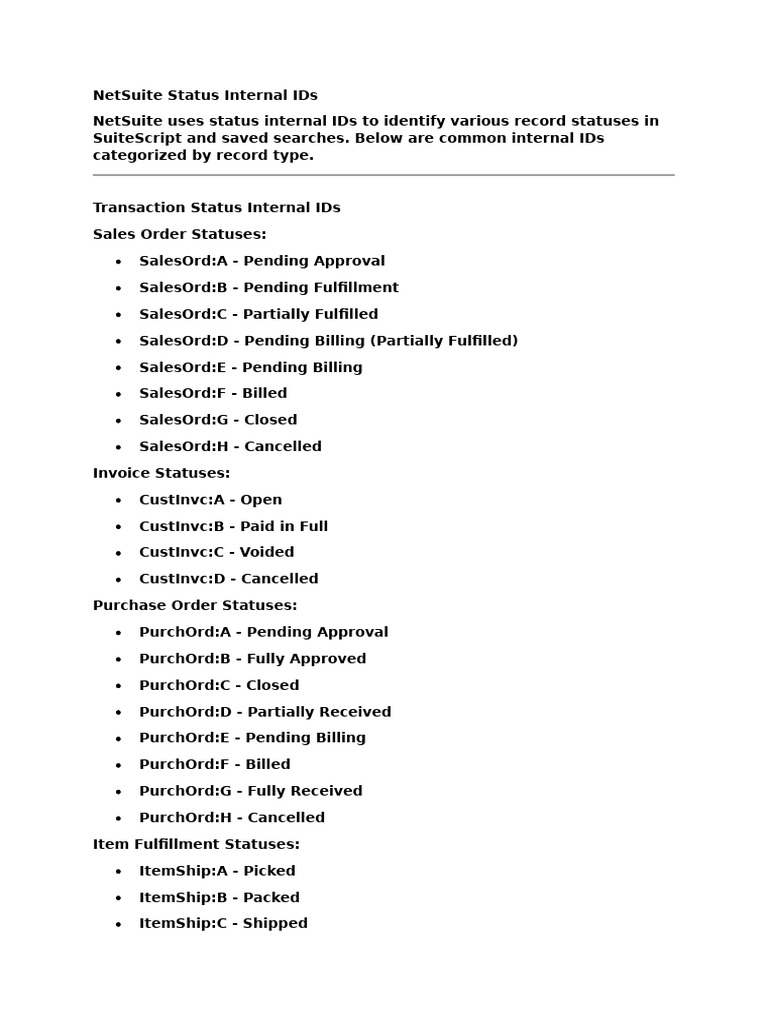NetSuite Status Internal IDs | PDF | Invoice | Business