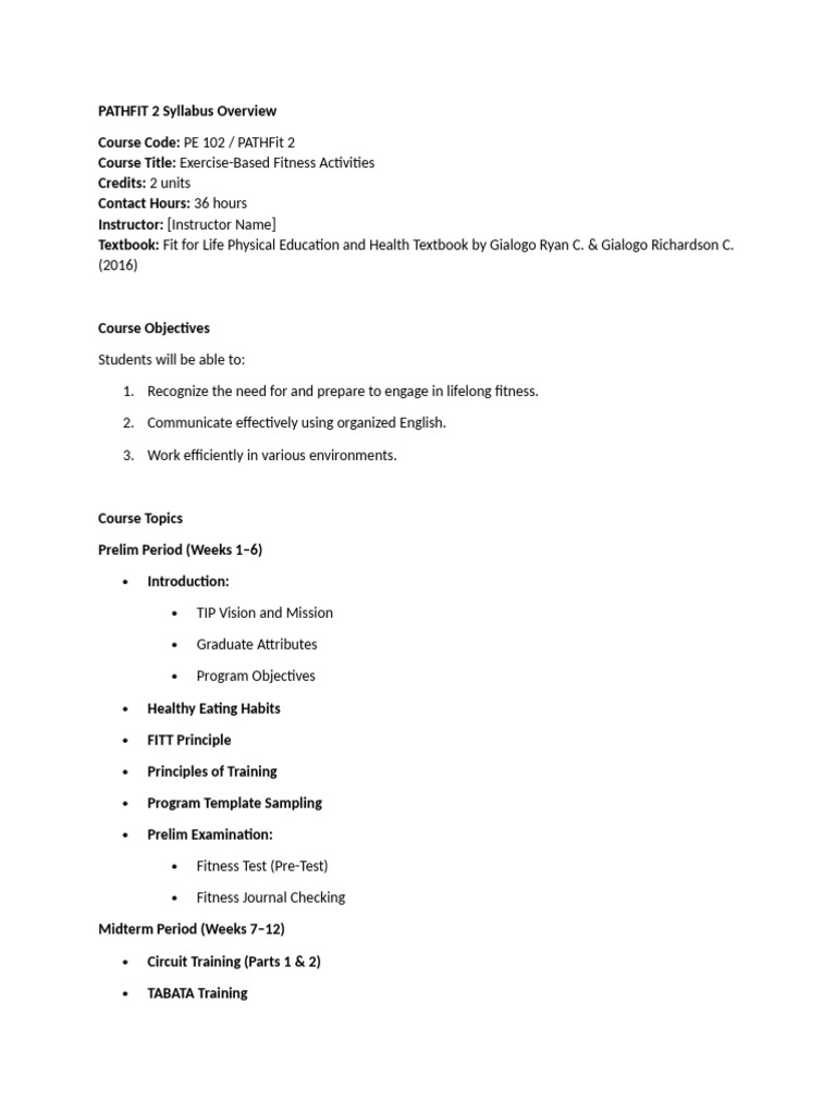 PATHFIT 2 Syllabus Overview | PDF | Aerobic Exercise | Physical Fitness