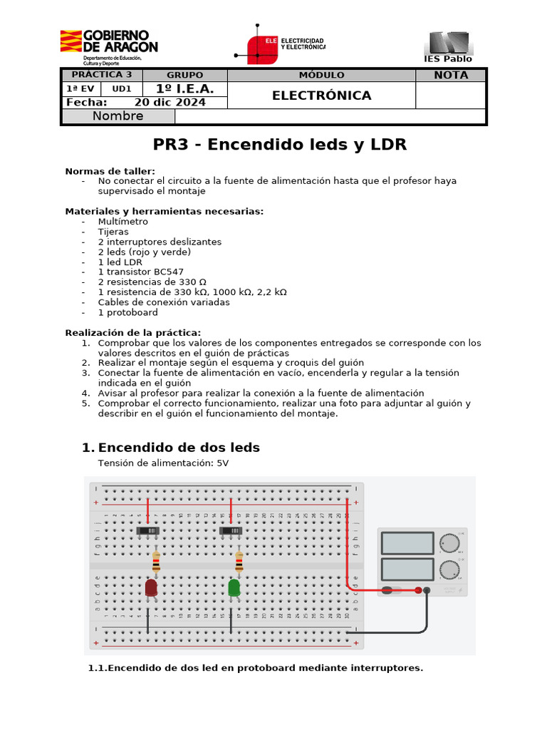 PR3 - Encendido de Leds y LDR | PDF | Diodo emisor de luz | Resistencia ...