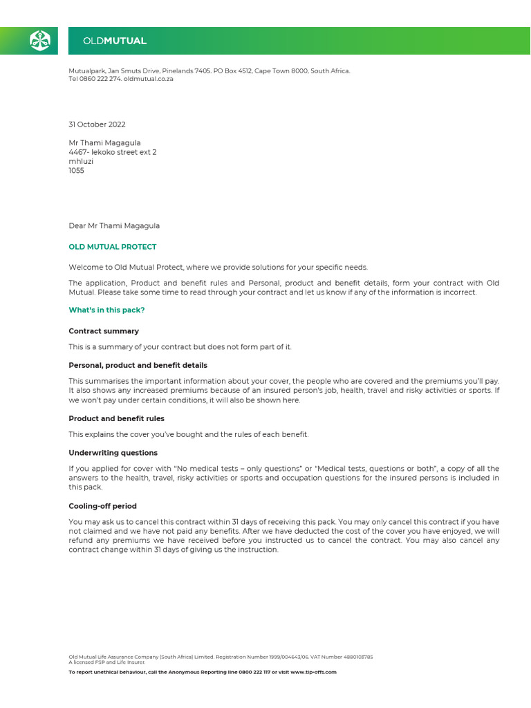 Old Mutual Protect Contract | PDF | Insurance | Inflation