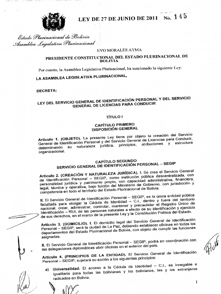 Ley Nº 145 Del Servicio General de Identificacion Personal y Licencias ...