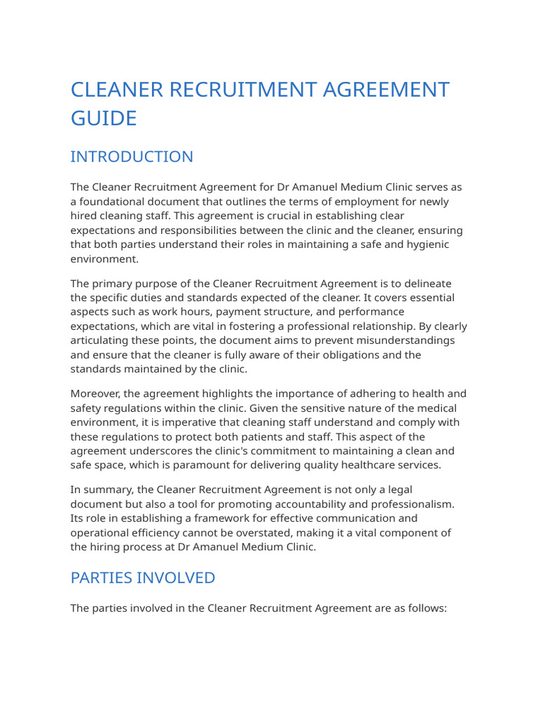 Cleaner Recruitment Agreement Guide | PDF | Confidentiality | Overtime
