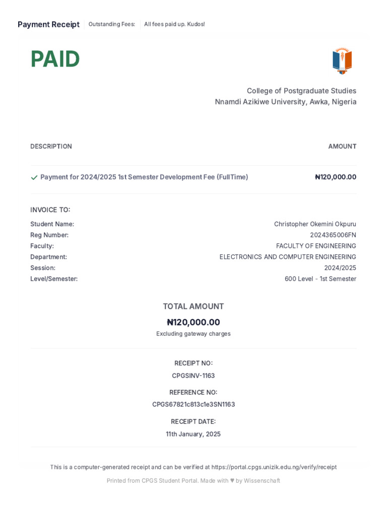 CPGS Student Portal - Payment Receipt | PDF
