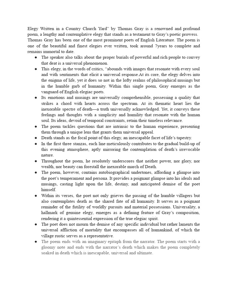 Themes in Gray's Elegy Analysis | PDF | Poetry