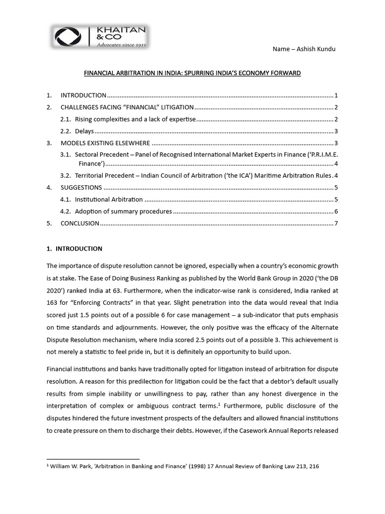 Internship Article - Financial Arbitration in India | PDF | Arbitration ...