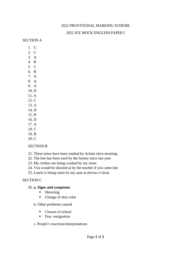 2022 JCE Mock English Paper I Answers | PDF