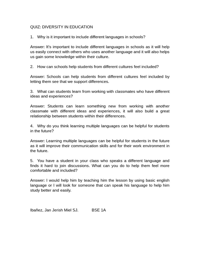 Quiz Diversity in Education | PDF