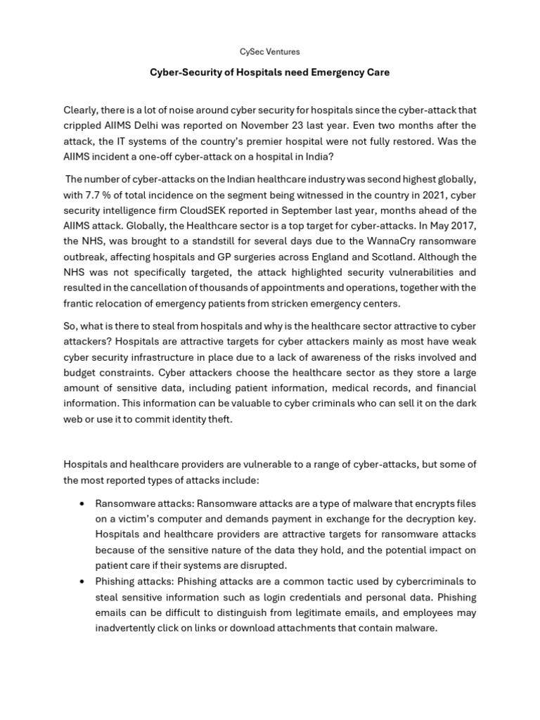 Cyber-Security of Hospitals - CySec 2024 | PDF | Security | Computer Security