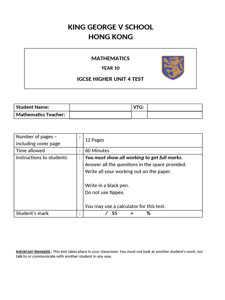 Year 10 IGCSE Mathematics Test Paper | PDF | Circle | Mathematics